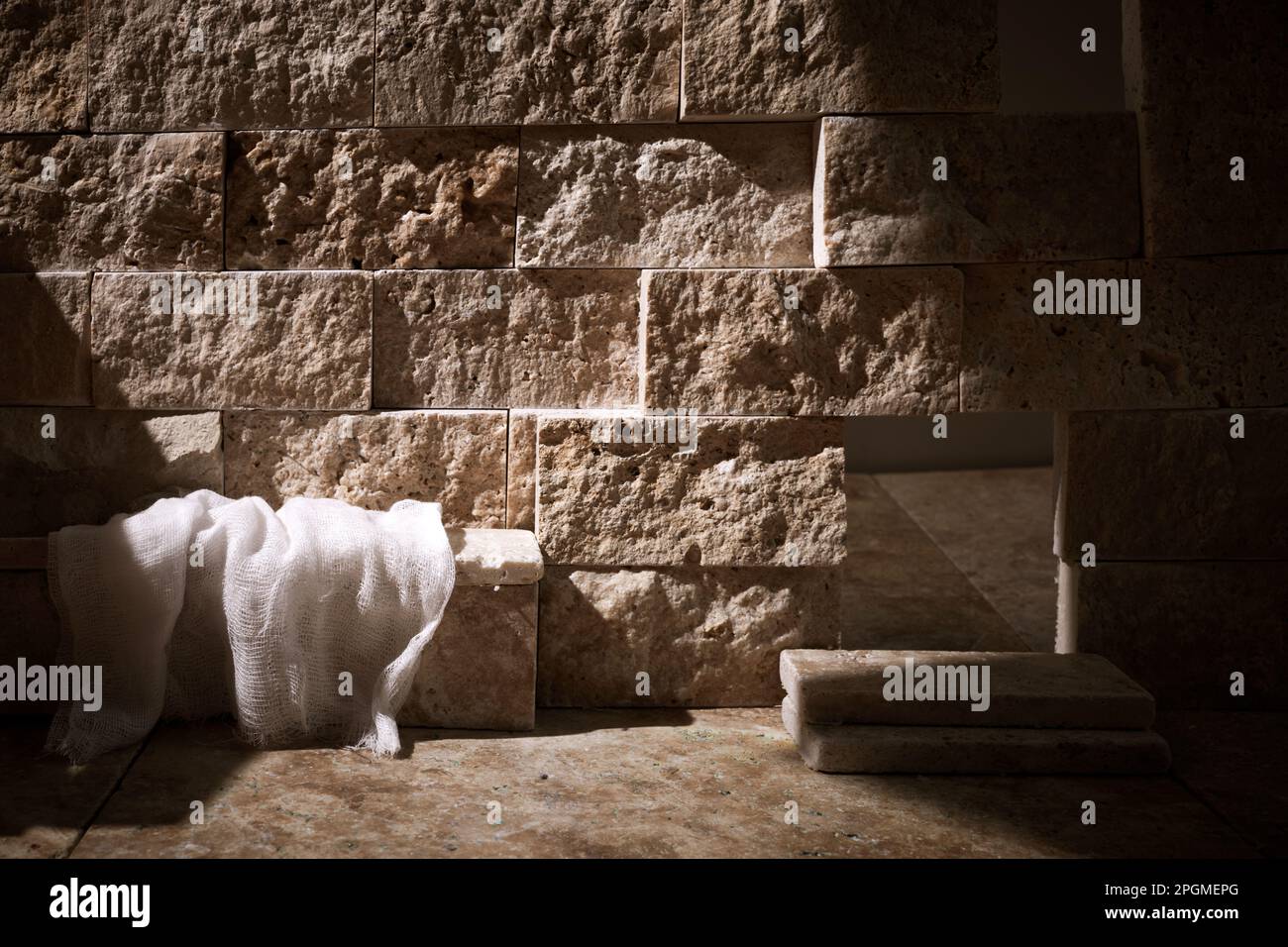 Empty tomb while light shines from the outside. Jesus Christ ...