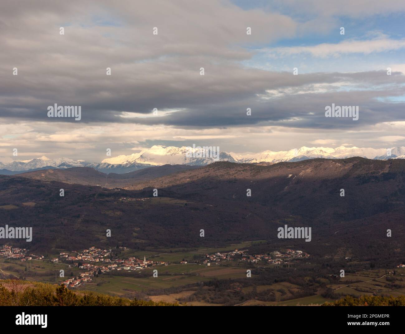 The Krn mountain covered by snow top view from mont St Gabriel ...
