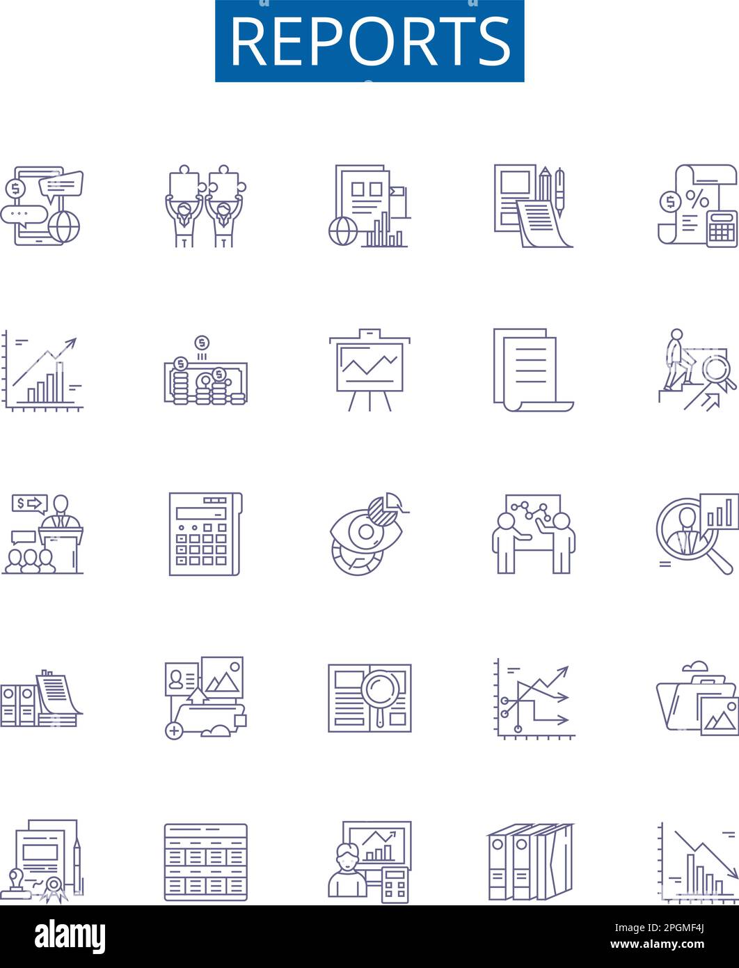 Reports line icons signs set. Design collection of Records, Surveys, Findings, Evaluations ...