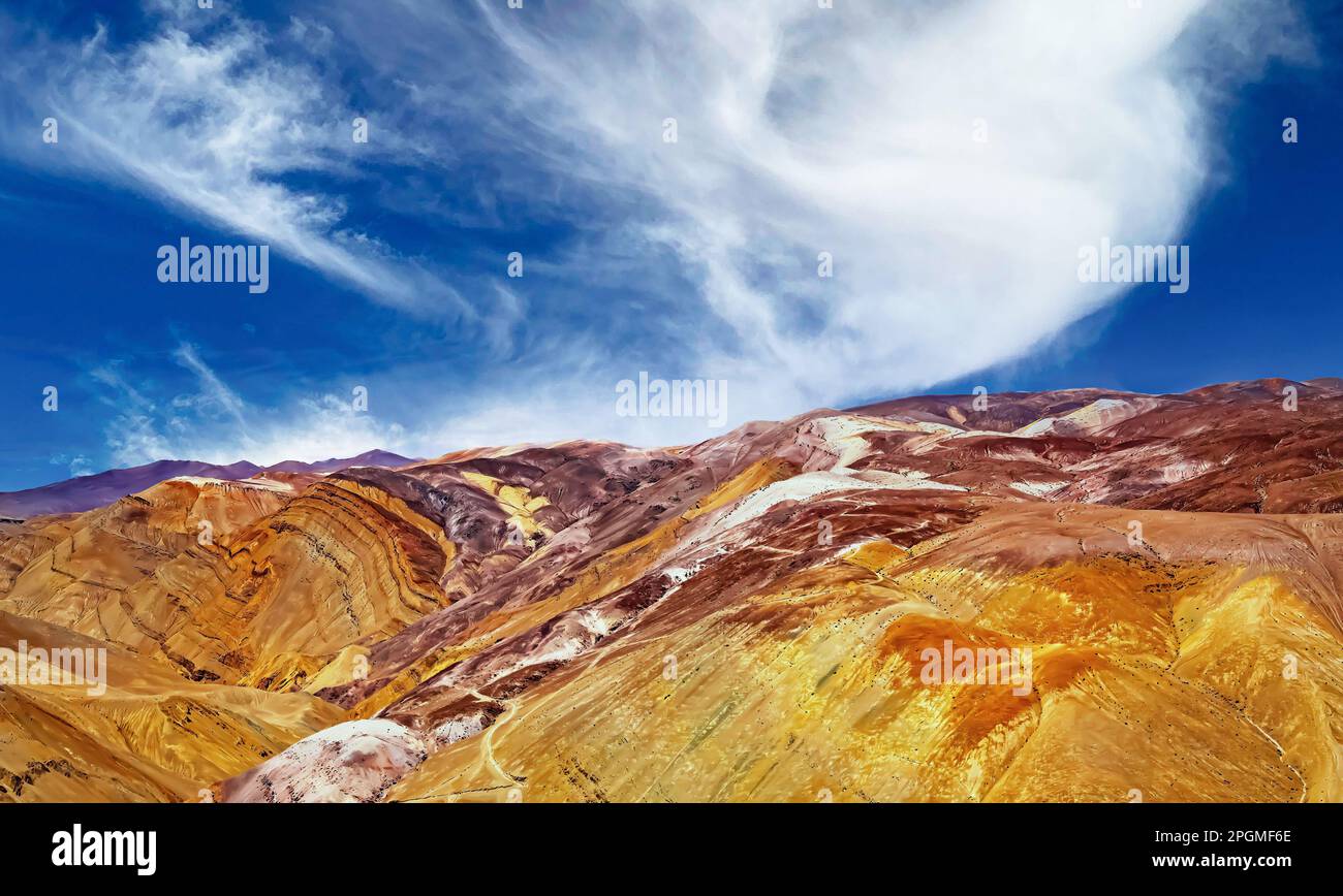 Beautiful desert landscape, barren dry colorful mountains, blue summer ...
