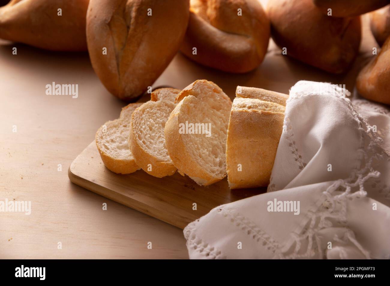 Sliced Bolillos. Traditional mexican bakery. White bread commonly used ...