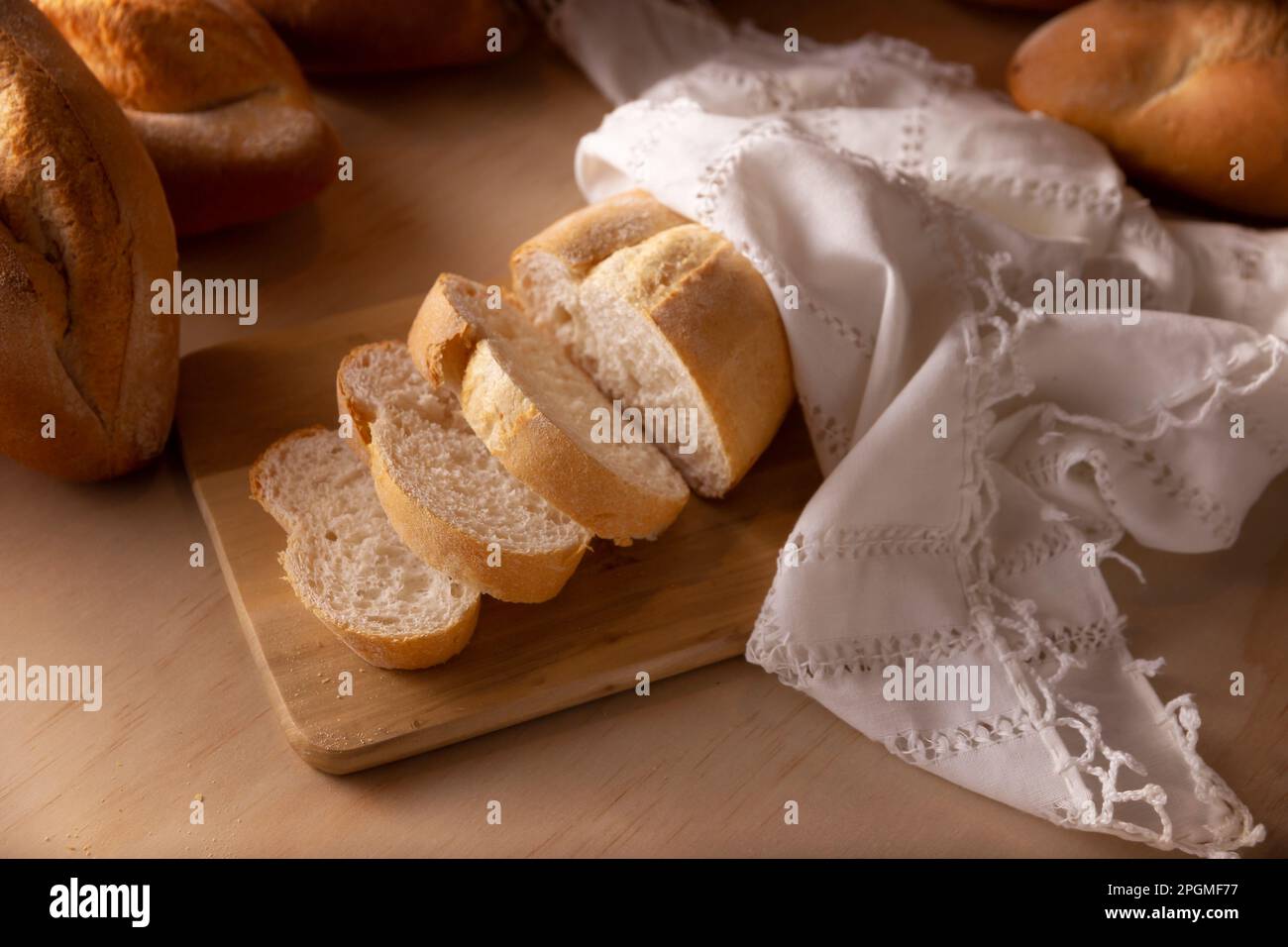 Sliced Bolillos. Traditional mexican bakery. White bread commonly used ...