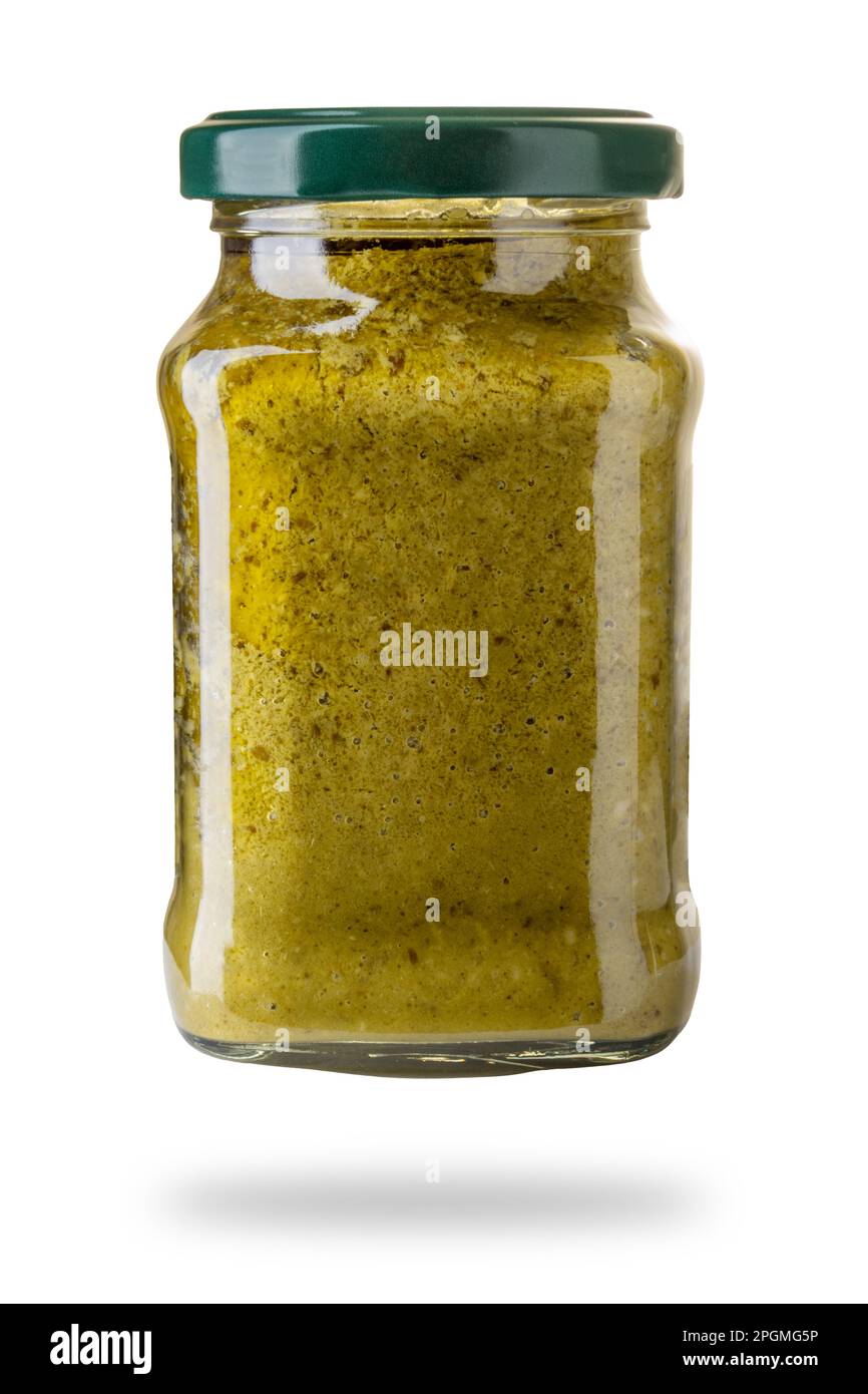 Genoese Pesto in a glass jar, a typical sauce of basil, pine nuts ...
