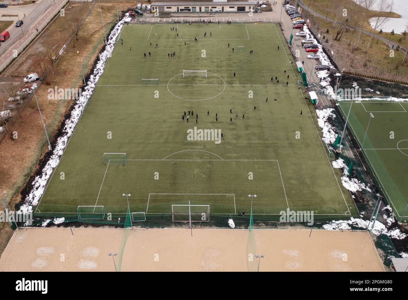 Drone photography of football game practice in soccer field during ...