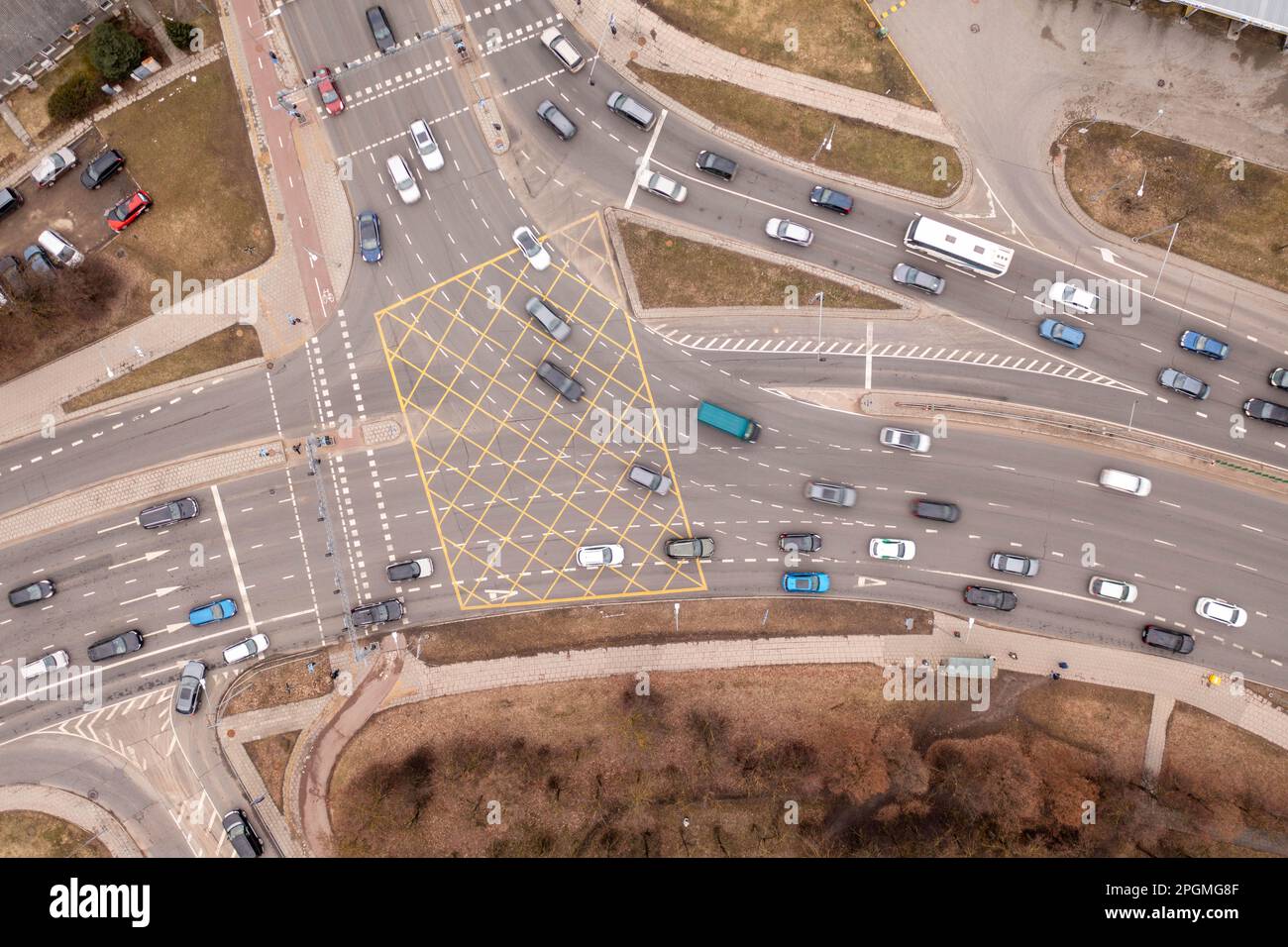 Drone photography of traffic jam in a big city intersection during ...