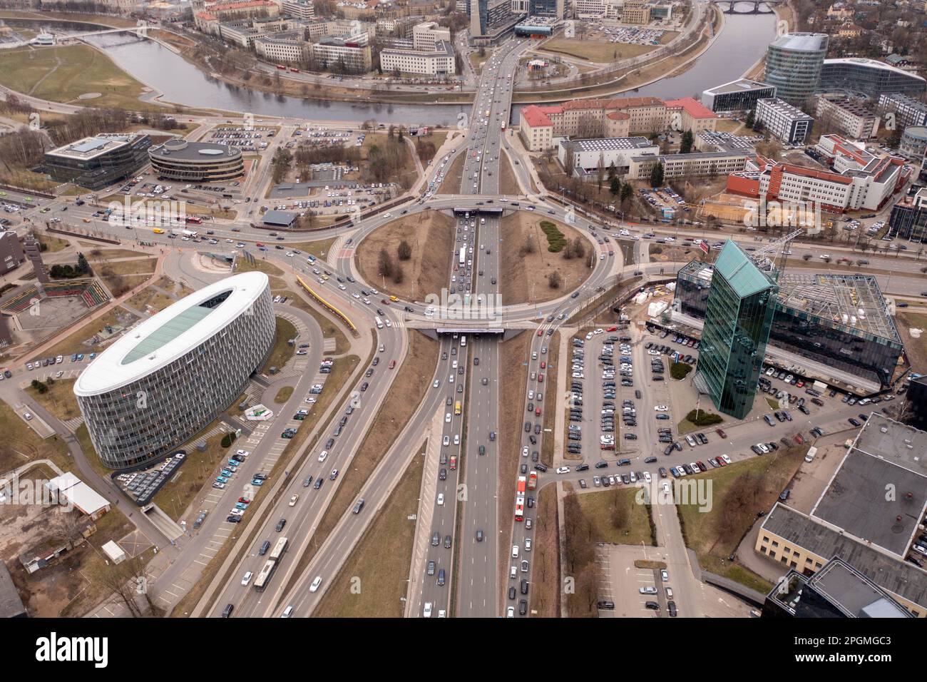 Drone photography of traffic jam in a big city intersection during ...