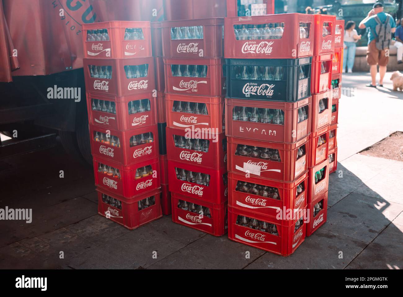 SPAIN, BARCELONA, October 14, 2022 - Coca-cola red plastic boxes behind ...