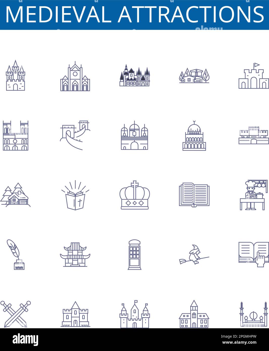 Medieval attractions line icons signs set. Design collection of Castles ...