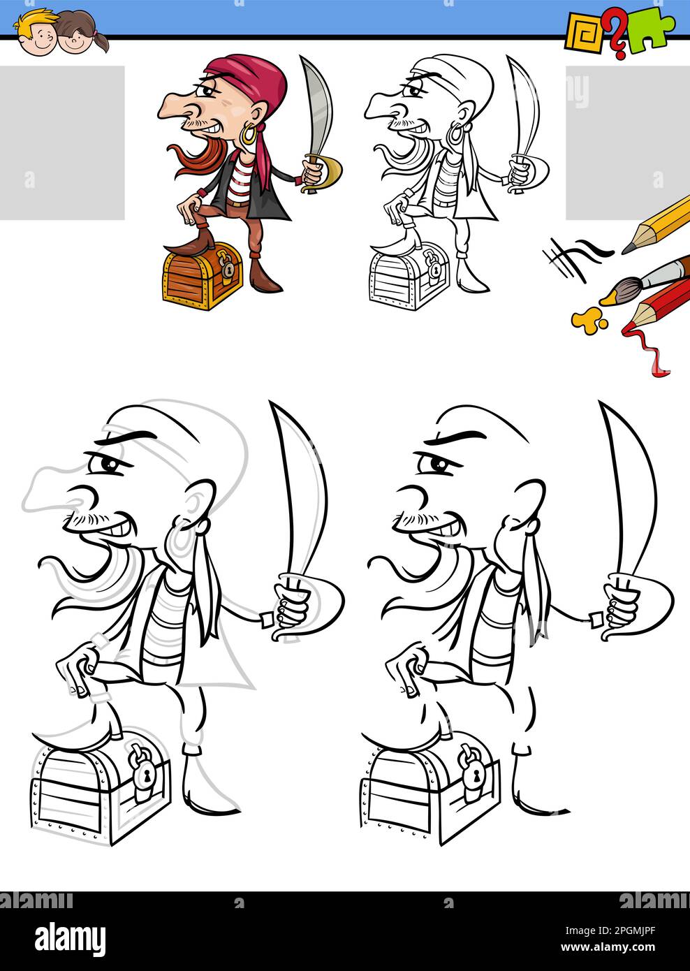 Cartoon illustration of drawing and coloring educational activity for ...