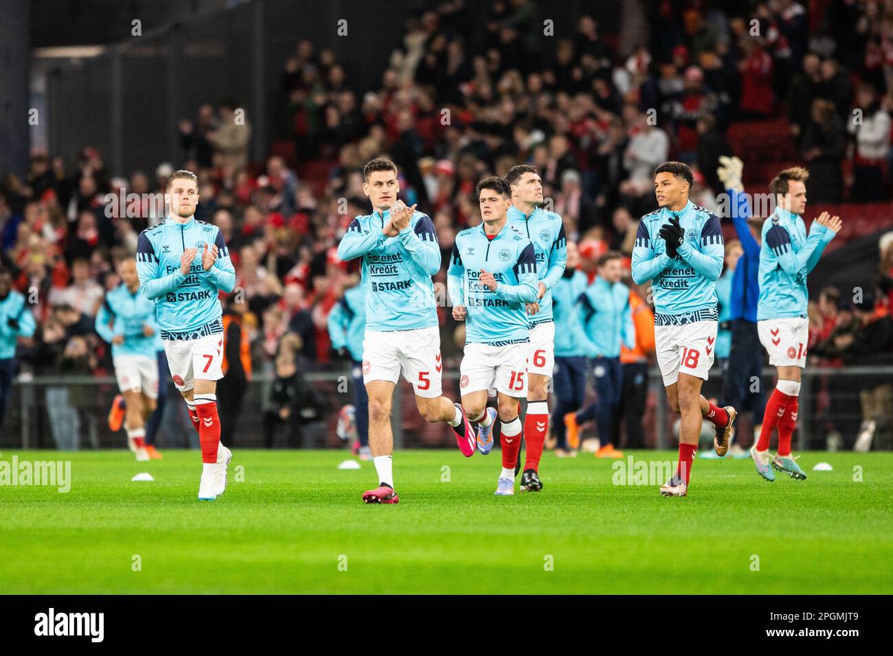Copenhagen, Denmark. 23rd Mar, 2023. The players of Denmark enter the ...