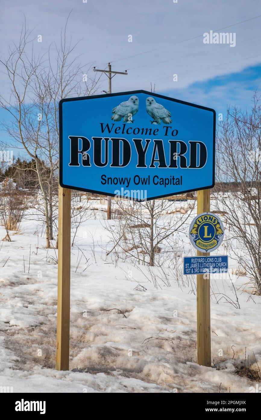Welcome sign at Rudyard, the Snowy Owl Capital of Michigan, Upper ...