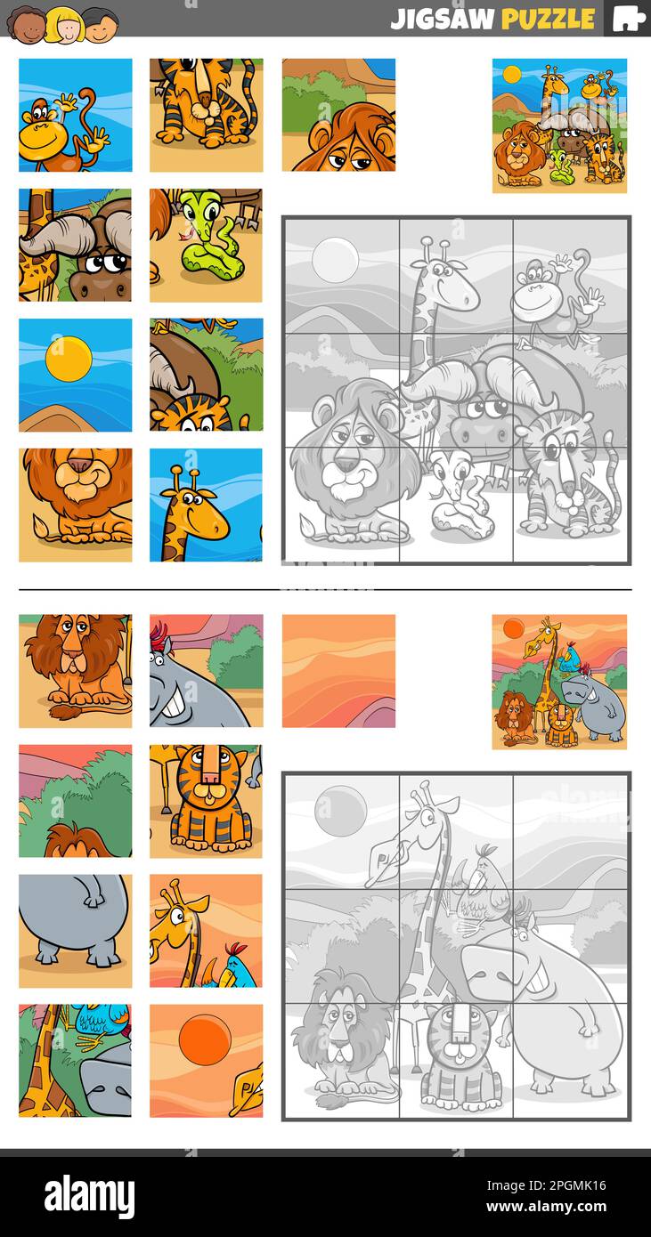 Cartoon illustration of educational jigsaw puzzle games set with funny ...