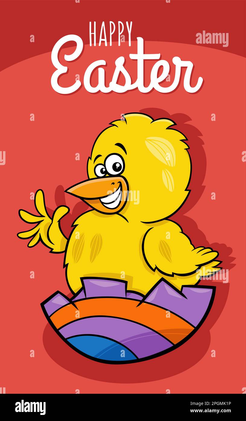 Cartoon illustration of Easter Chick hatching from Easter egg greeting ...