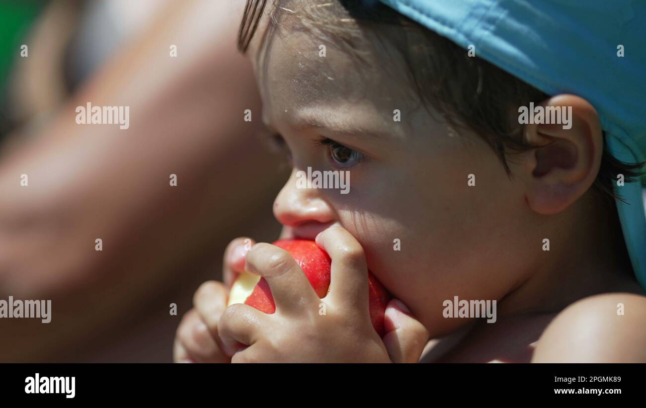 Little boy taking a bite from apple fruit outside during summer day ...