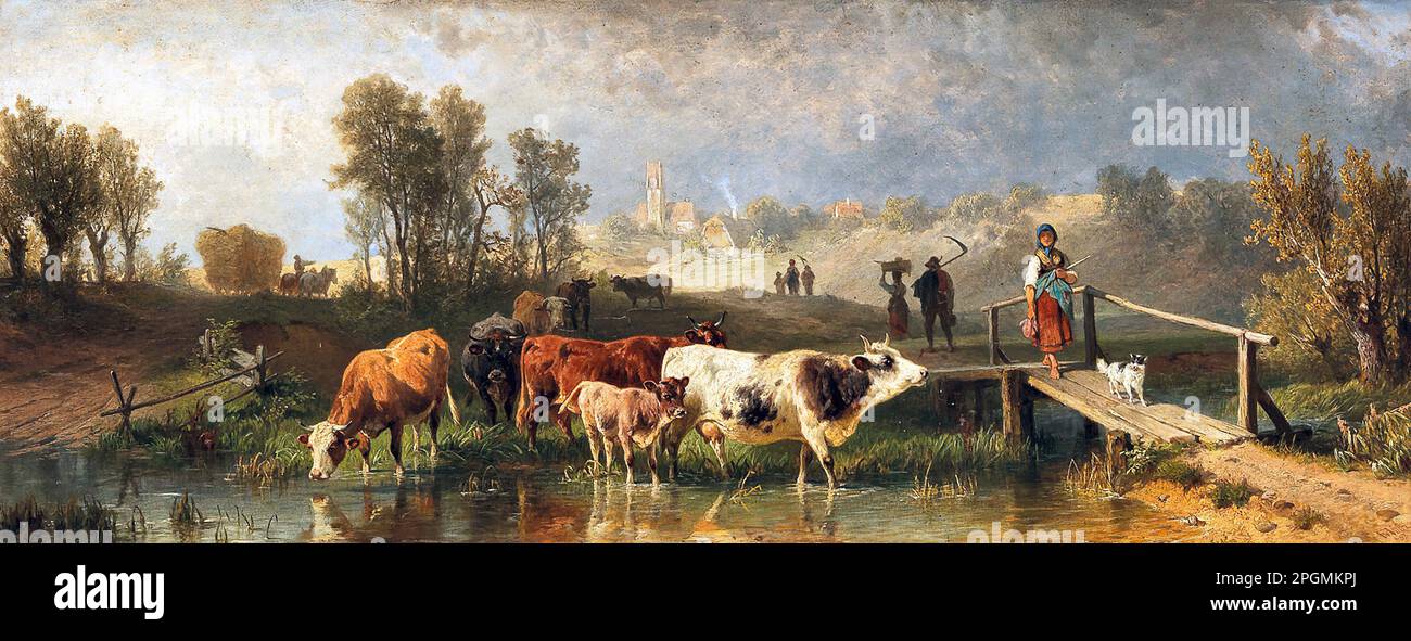 Voltz Friedrich - Herd of cattle with a shepherdess in the background ...