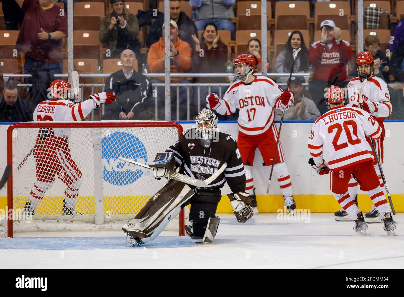 Boston University forward Quinn Hutson (17) celebrates after scoring a ...