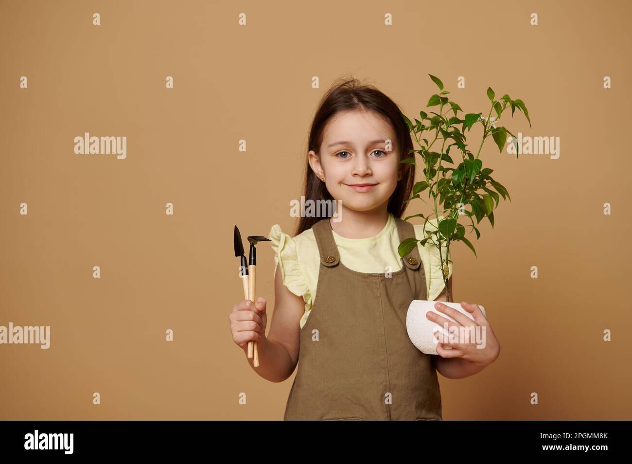 Adorable little girl dreams to become a gardener, carrying flowering ...