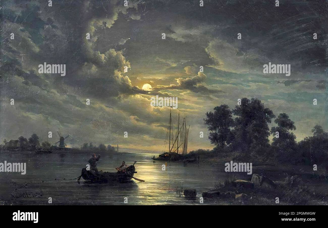 Castell Johann Anton - Elbe Landscape With Boats In The Moonlight ...
