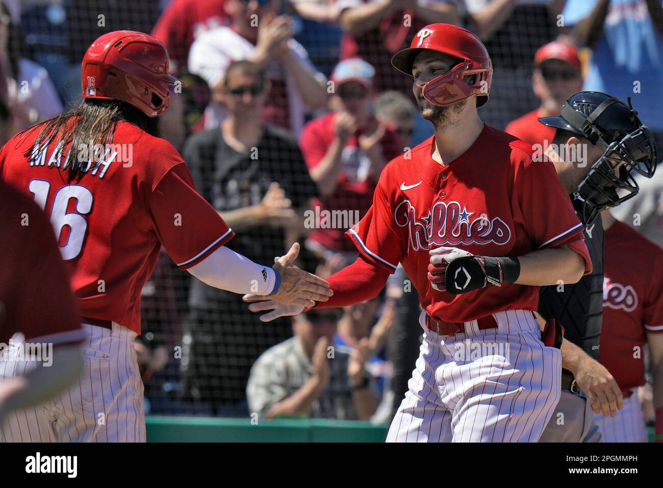 Philadelphia Phillies' Trea Turner shakes hands with Brandon Marsh (16 ...