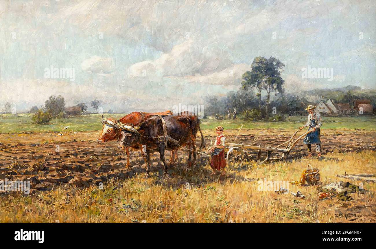 Stuhlmüller Karl - Farmers with a team of oxen plowing the field ...