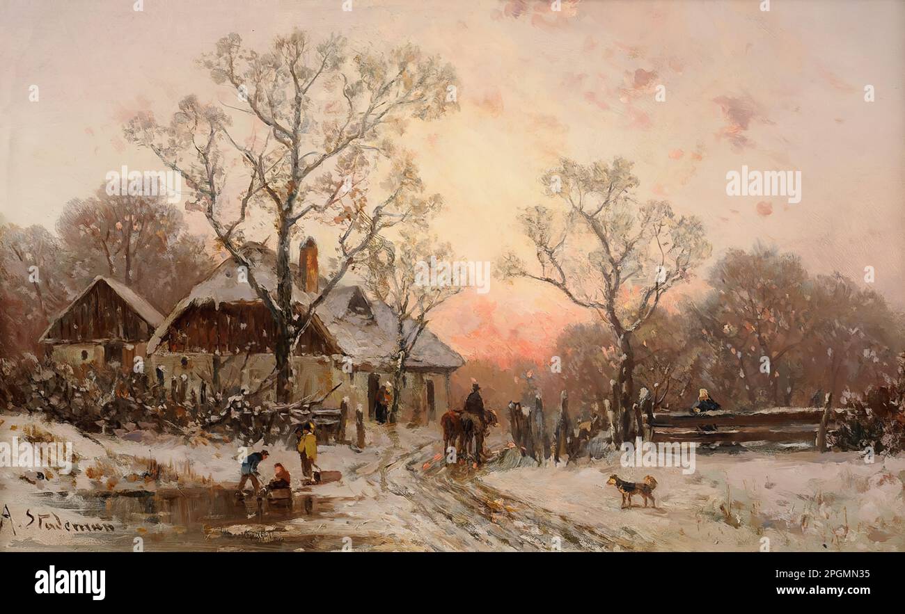 Stademann Adolf - Winter Landscape With Farm And Playing Children ...