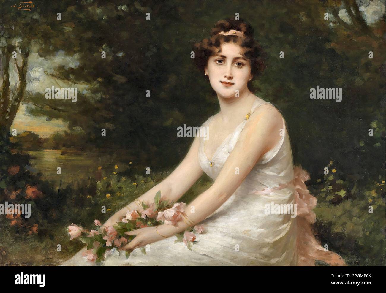 Sichel Nathaniel - Young Lady with Roses on the Lakeshore - German ...