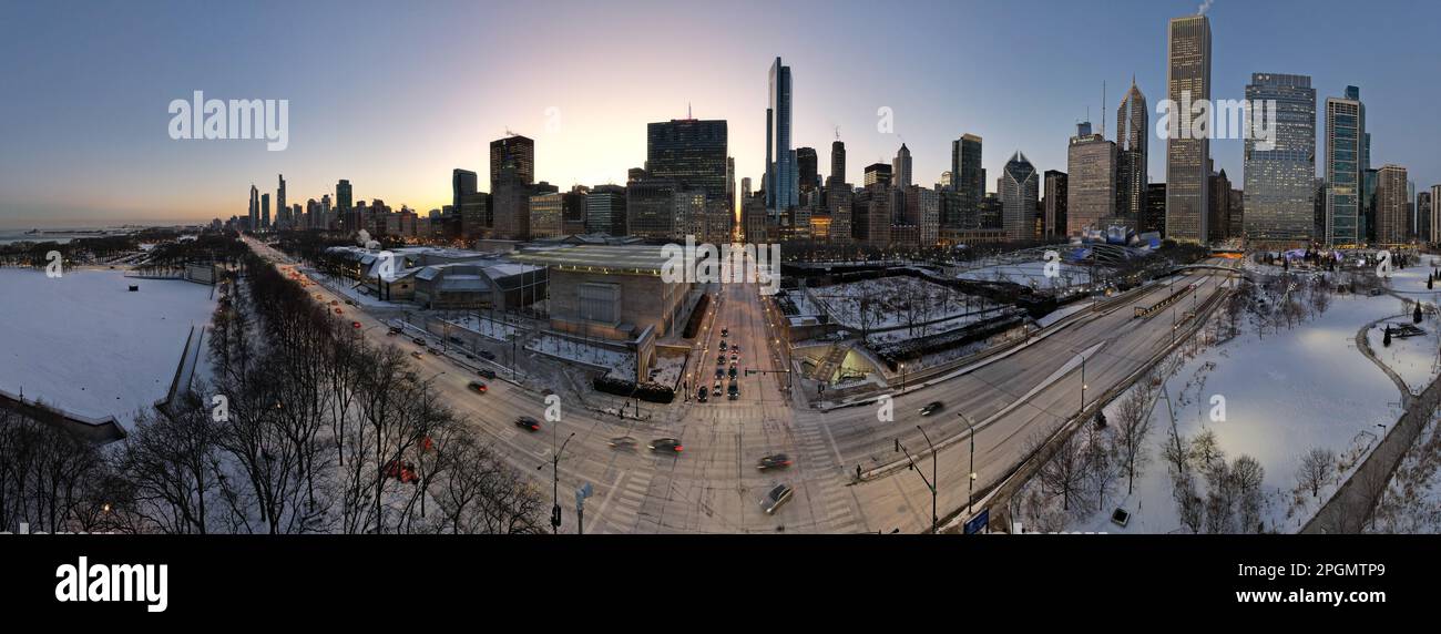Aerial view of Chicago at night, showcasing the illuminated skyline of ...