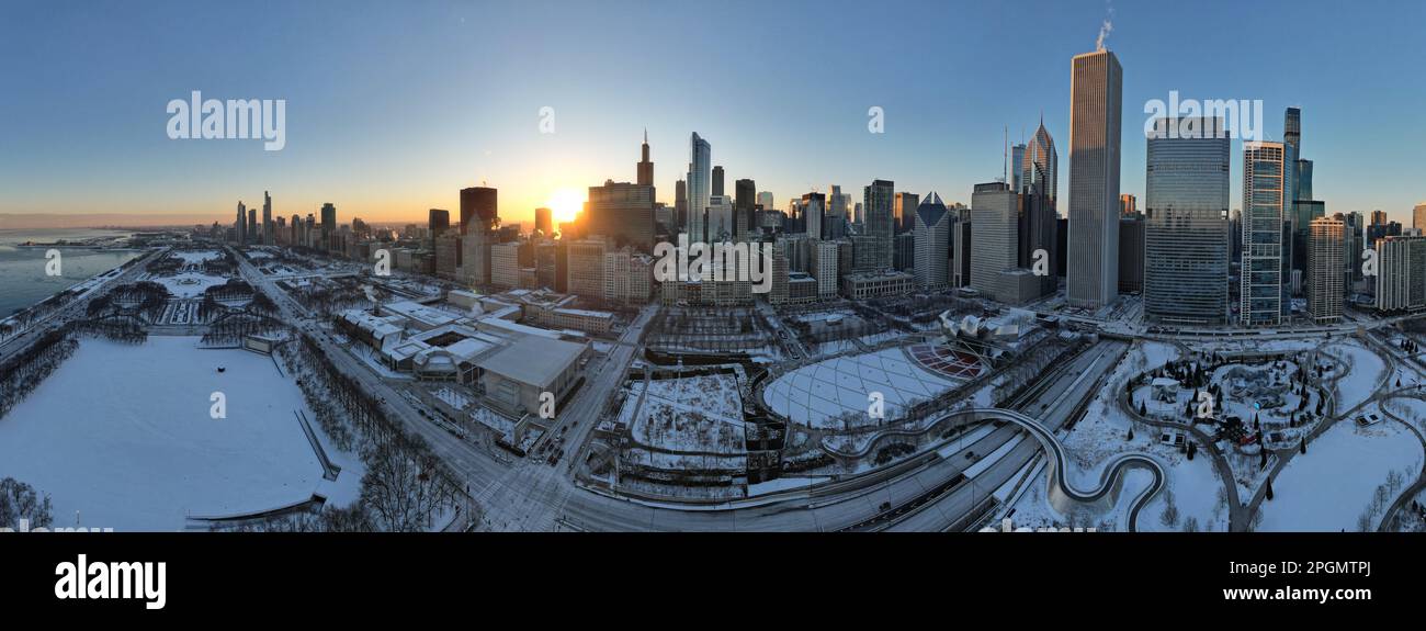 Aerial view of Chicago at night, showcasing the illuminated skyline of ...