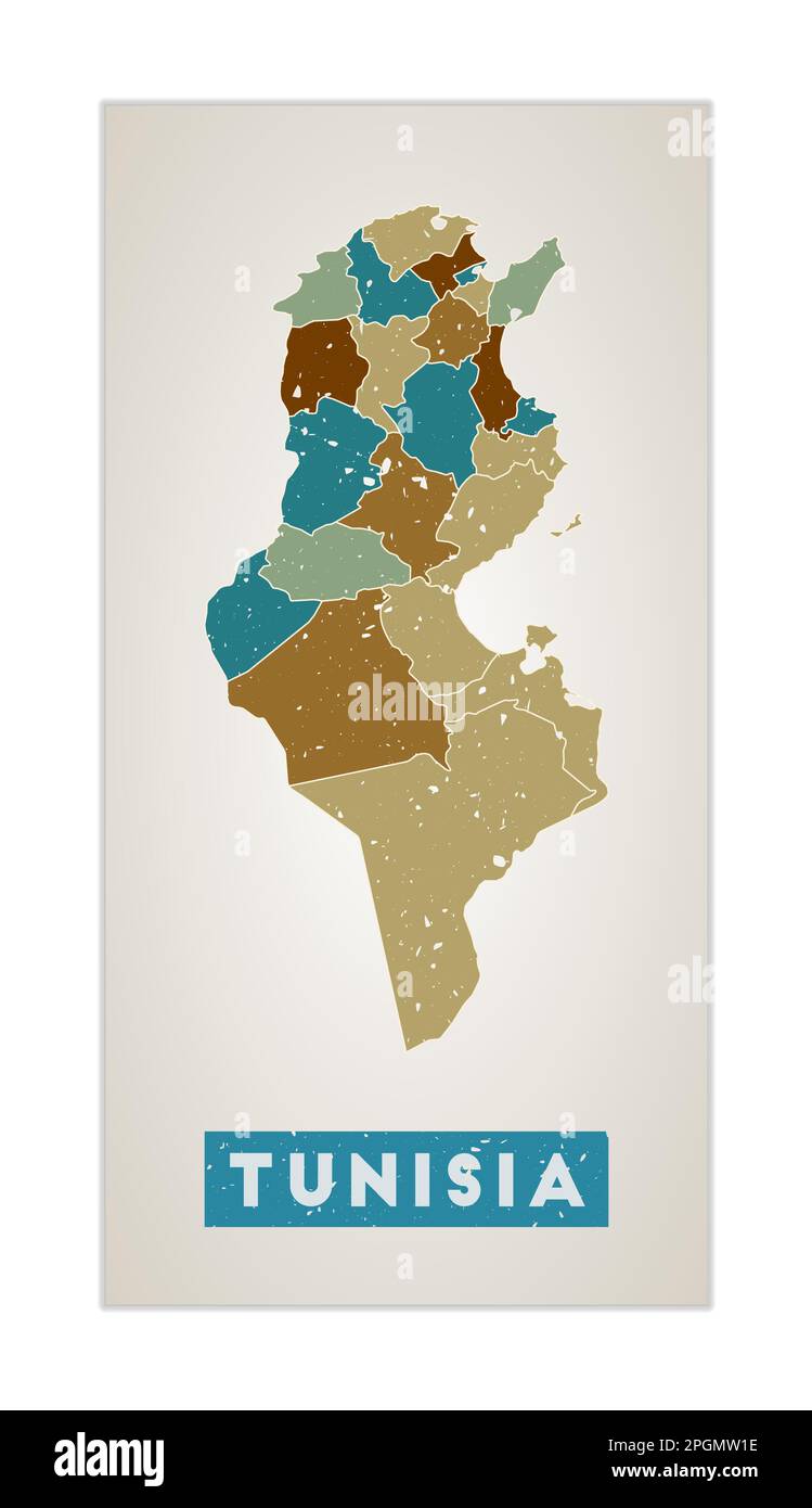 Tunisia map. Country poster with regions. Old grunge texture. Shape of ...