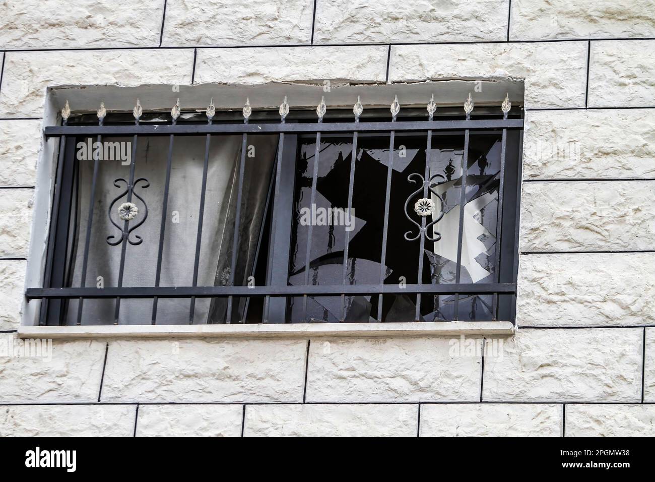 Tulkarem, Palestine. 23rd Mar, 2023. A view of a bulletproof window ...
