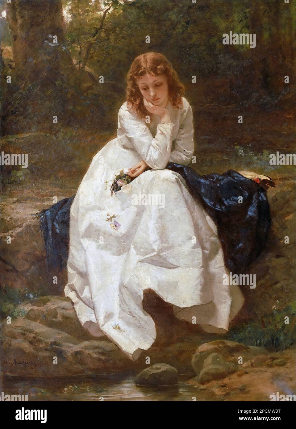 Amberg Wilhelm - Young Woman Seated by a Stream - German School - 19th ...