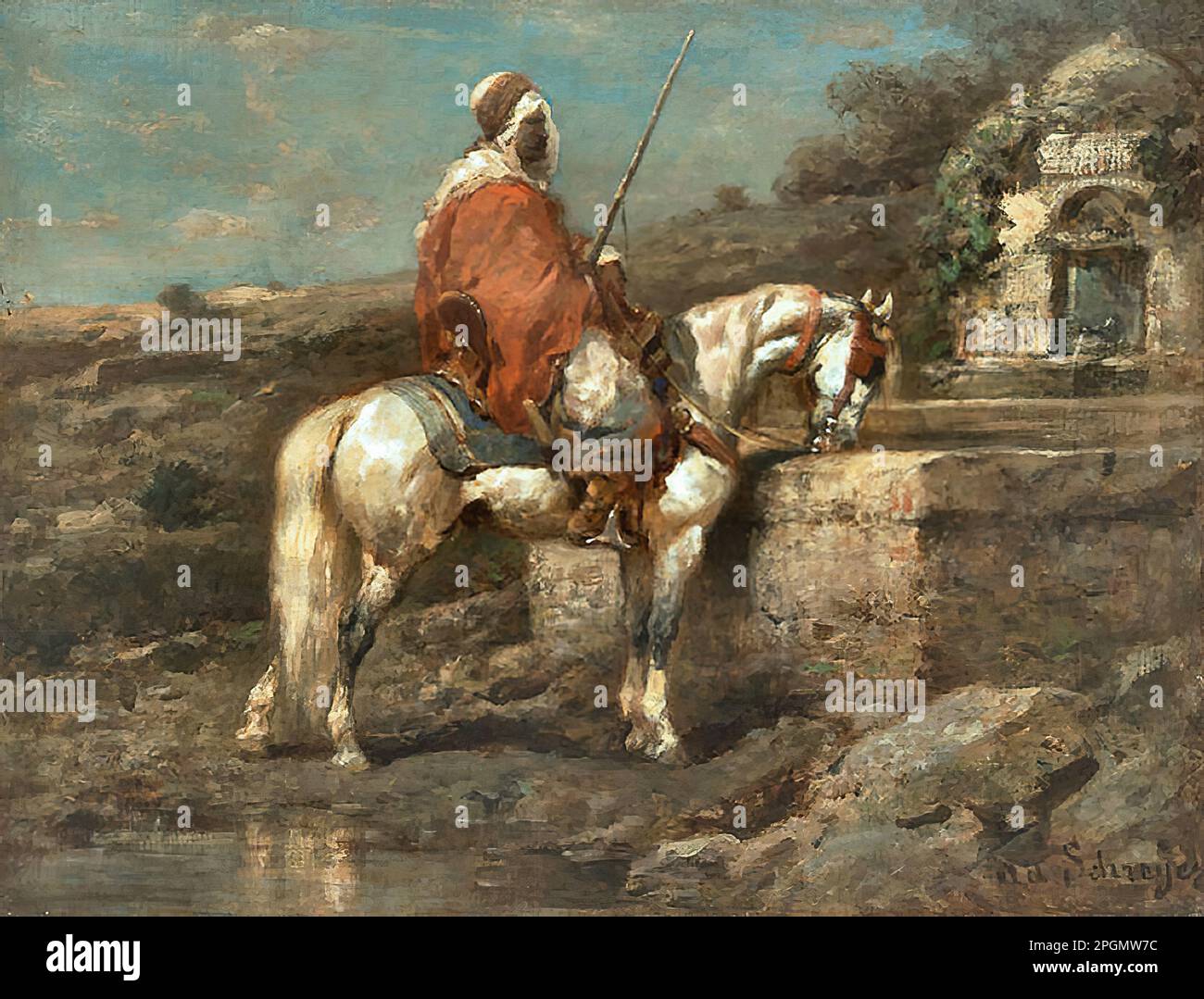 Schreyer Adolf - Arab Warrior on Horseback Stopping at a Well - German ...