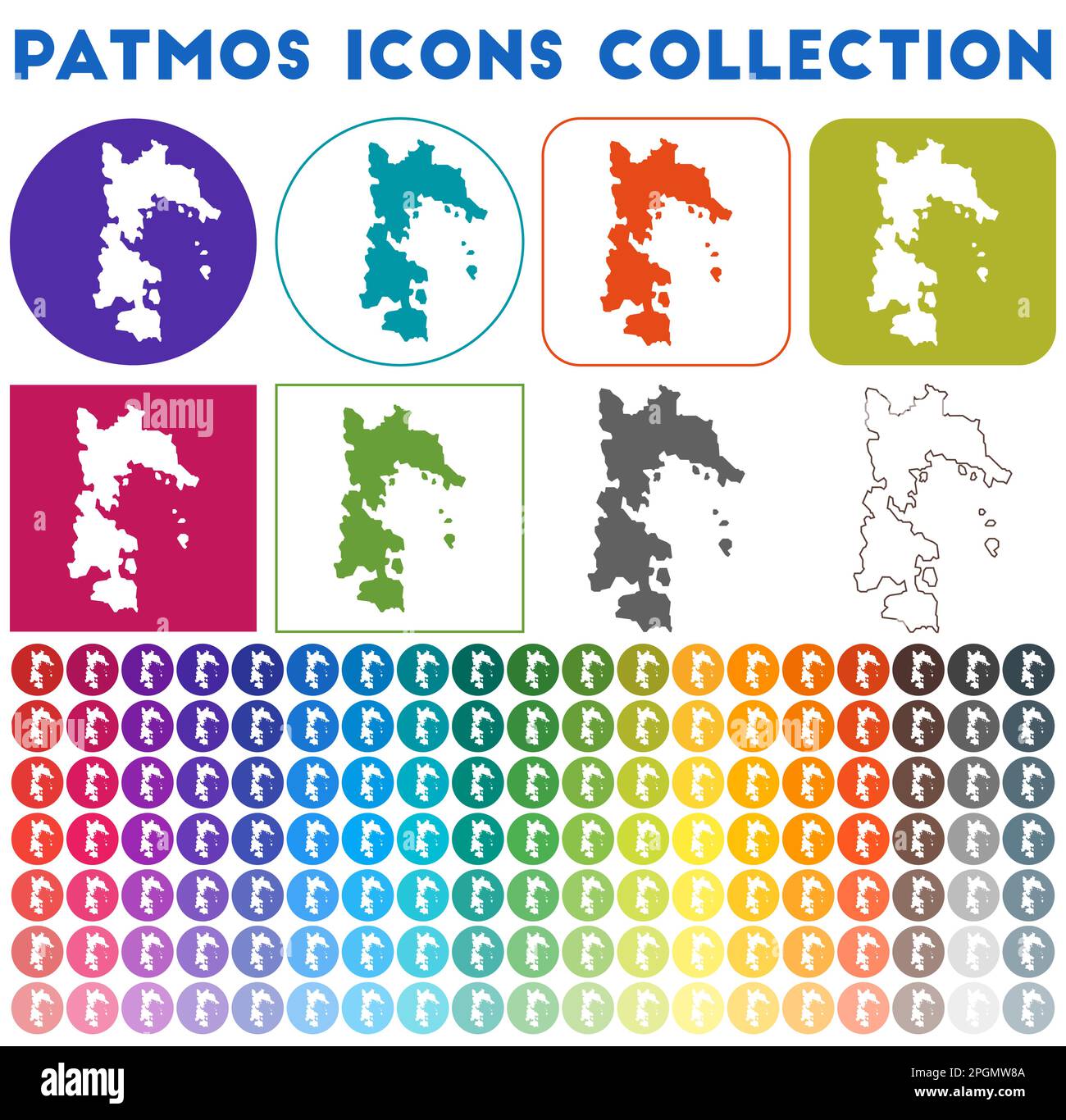 Patmos icons collection. Bright colorful trendy map icons. Modern Patmos badge with island map ...