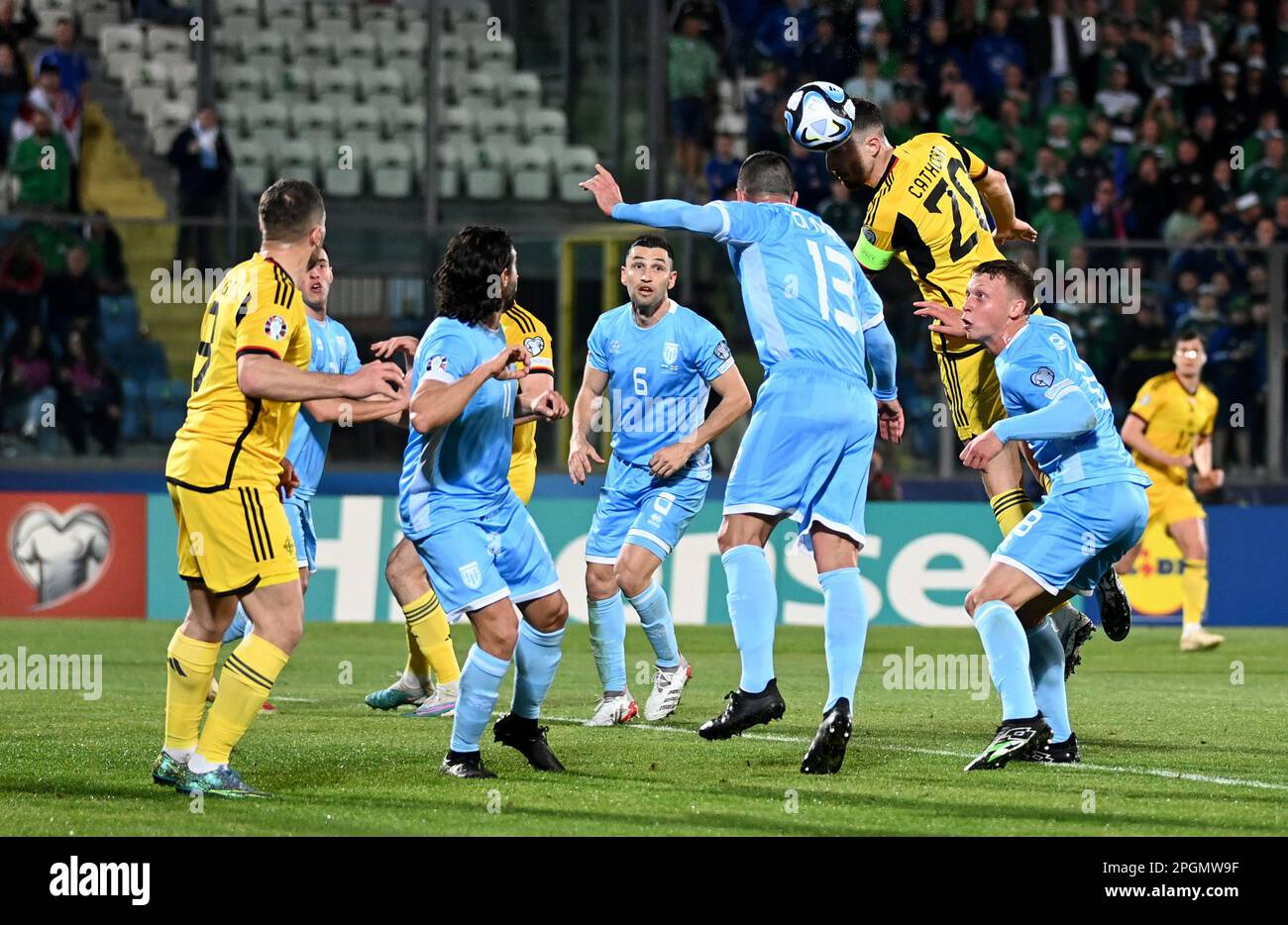 Northern Ireland's Craig Cathcart heads towards goal during the UEFA ...