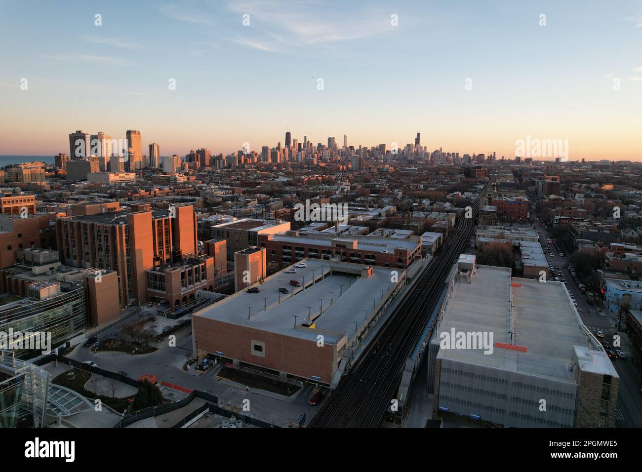 An aerial view of the Chicago skyline taken from the local CTA train ...