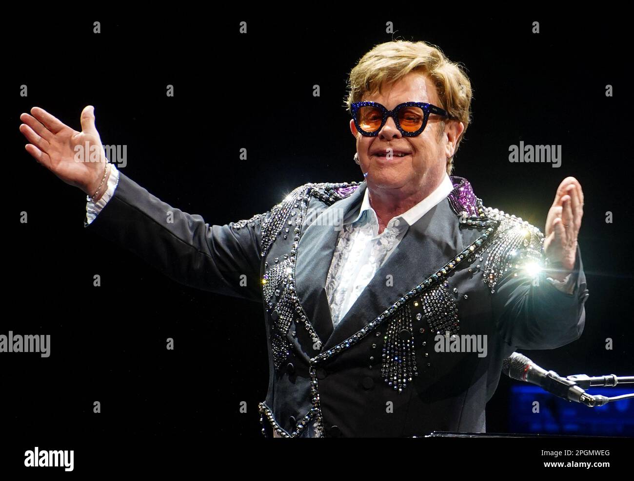 EDITORIAL USE ONLY Elton John performs on stage during his Farewell ...