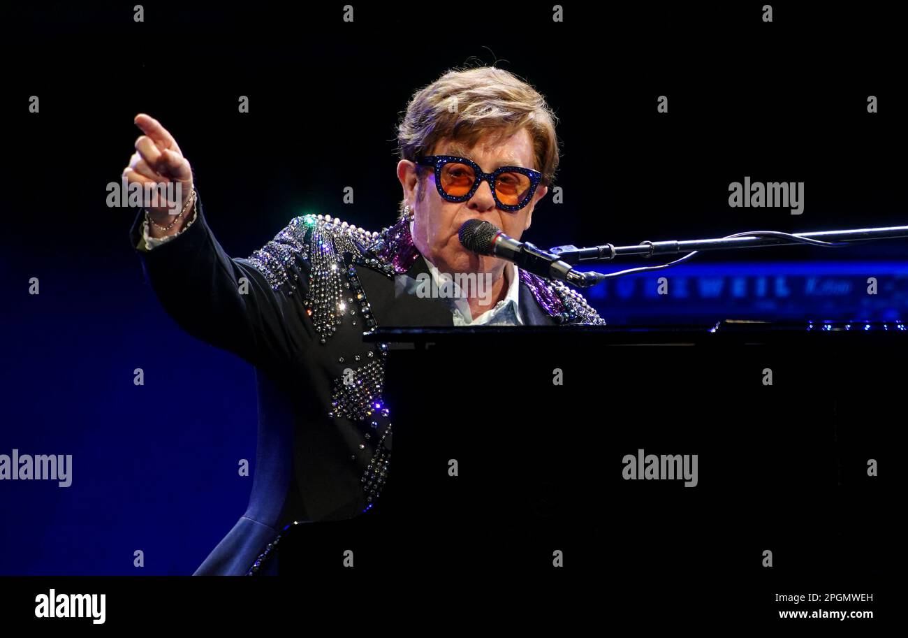 EDITORIAL USE ONLY Elton John performs on stage during his Farewell ...