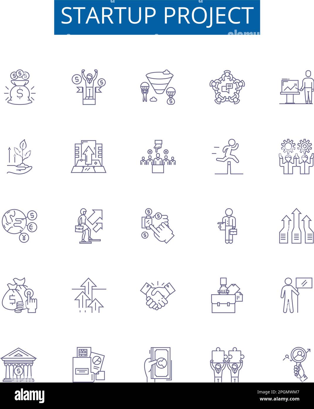 Startup project line icons signs set. Design collection of Startup, Project, Venture, New ...