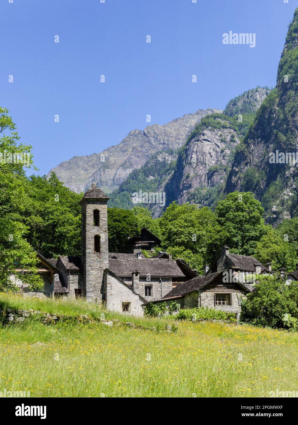 The idyllic Alps mountain village Foroglio in the Italian-speaking ...