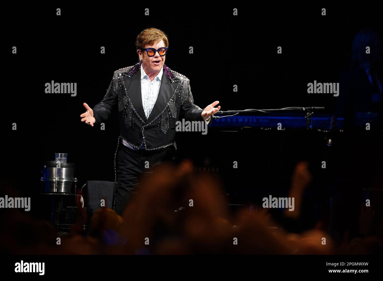 EDITORIAL USE ONLY Elton John performs on stage during his Farewell ...