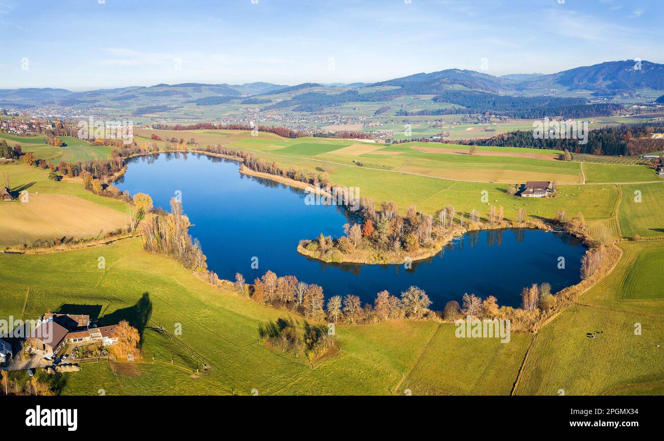 Panorama aerial image of the Gerzensee Lake and village in Bern ...