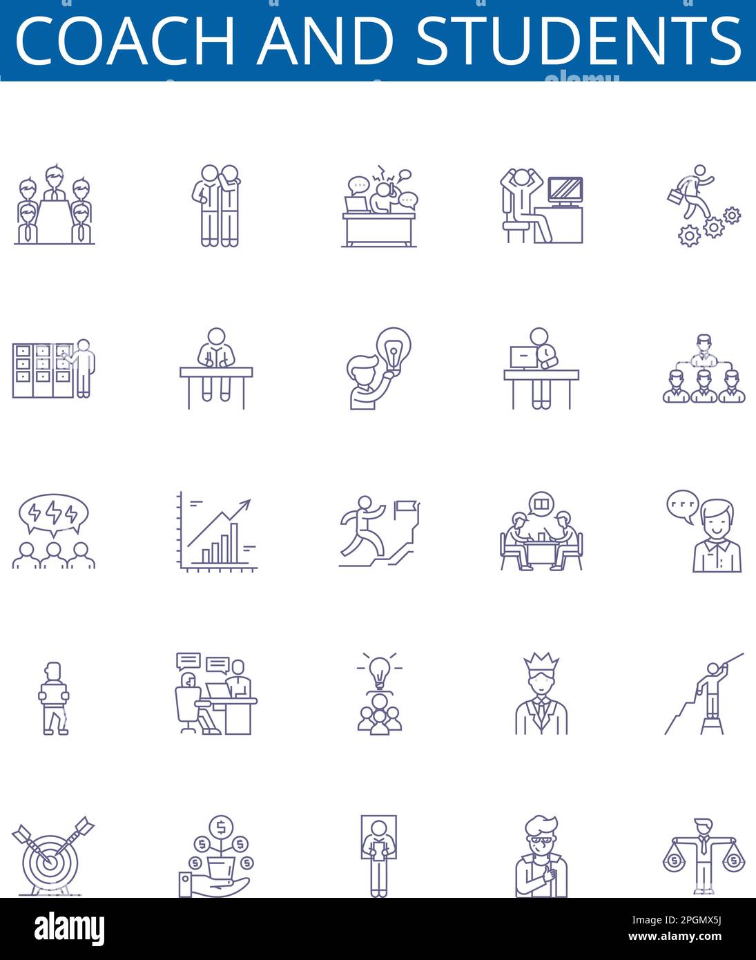 Coach and students line icons signs set. Design collection of Coach, Students, Mentor, Educator ...