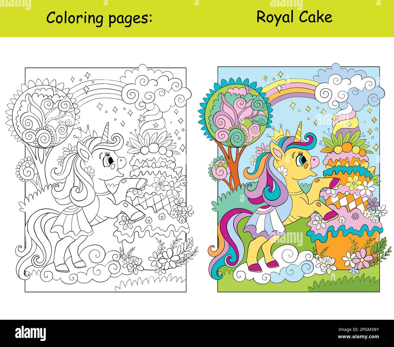 Cute little unicorn princess and huge beautiful cake. Cartoon vector ...