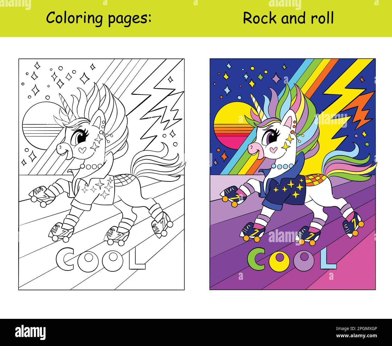 Cool unicorn rocker rolls on roller skates. Cartoon vector illustration ...