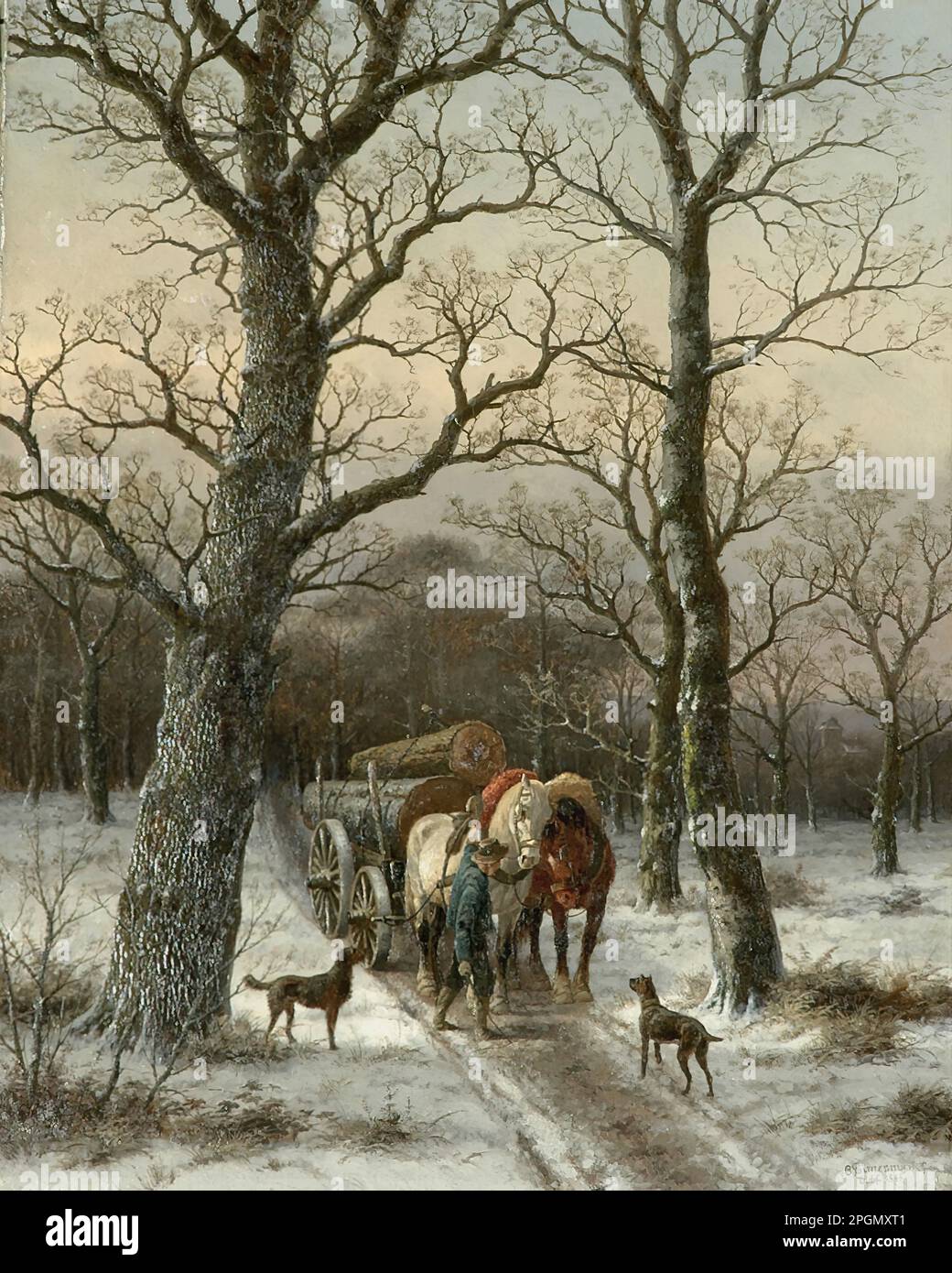 Bimmermann Caesar - Houthakker Met Mallejan Op Besneeuwd Bospad ...
