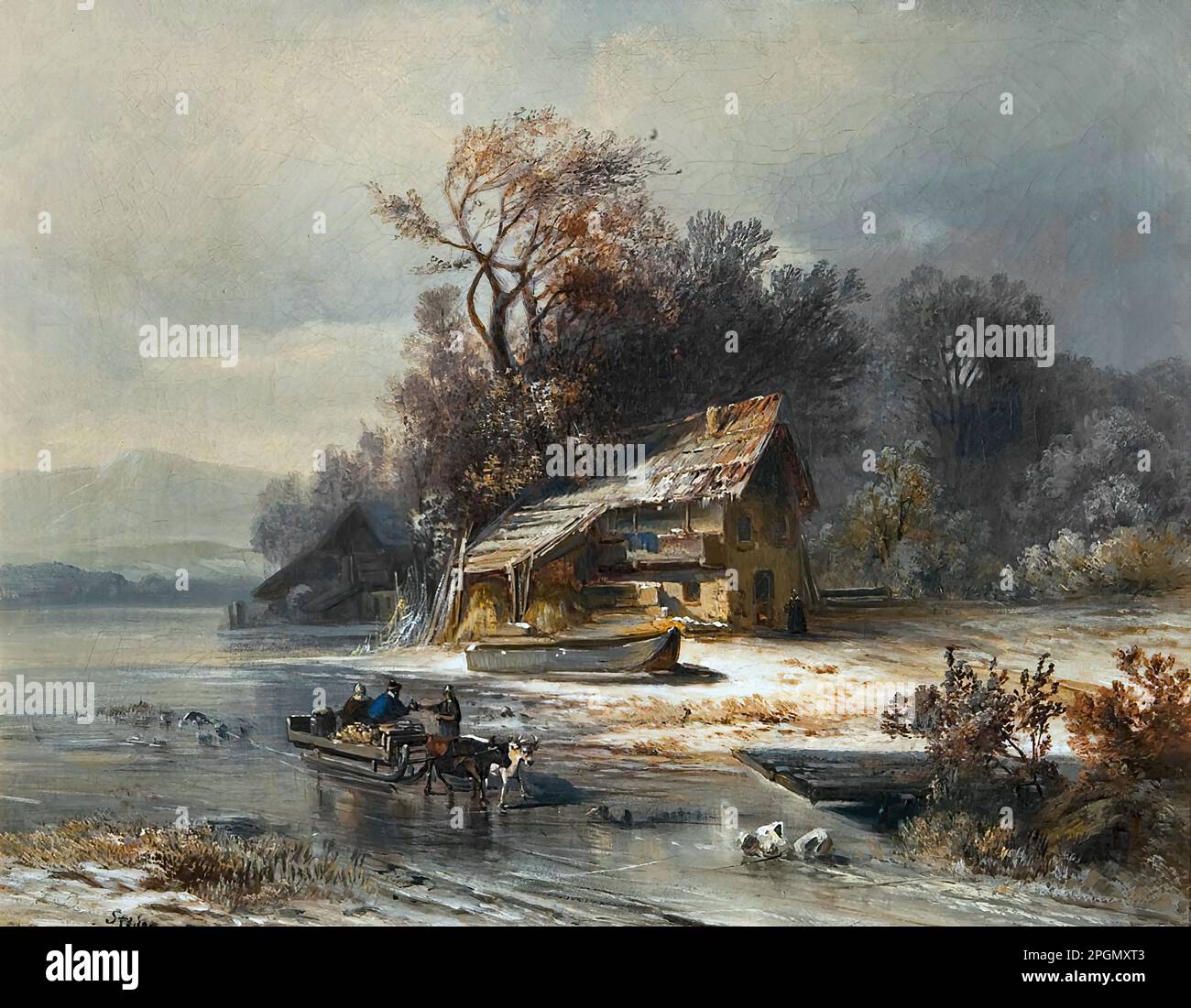 Stademann Adolf - Ox Sleigh in a Romantic Winter Landscape - German ...