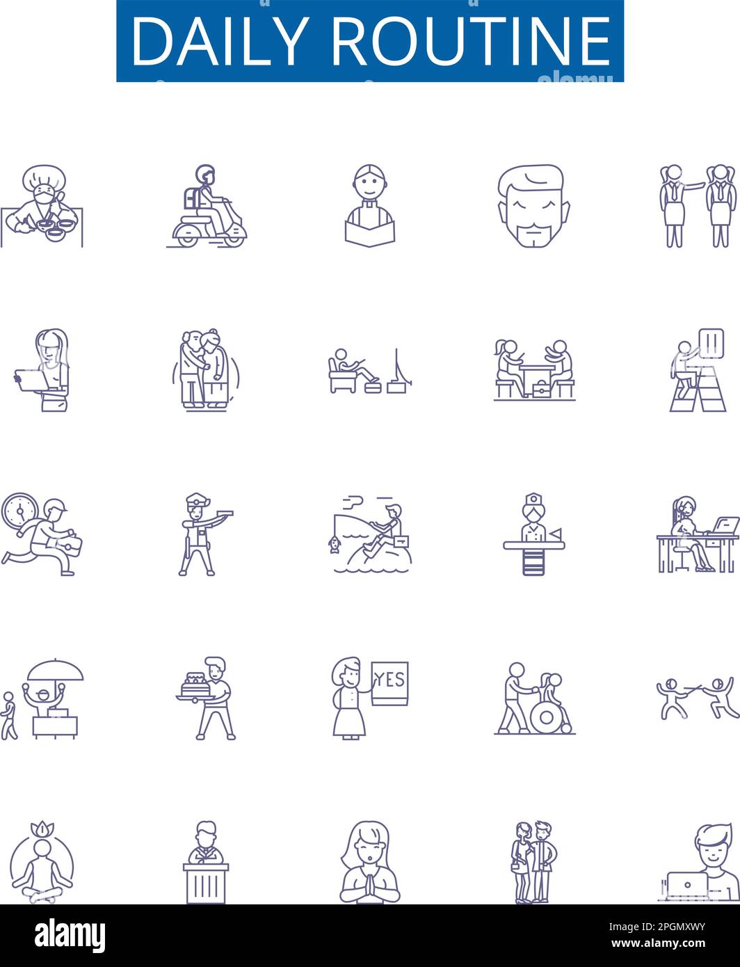 Daily routine line icons signs set. Design collection of Wake, Eat, Work, Study, Exercise, Play ...