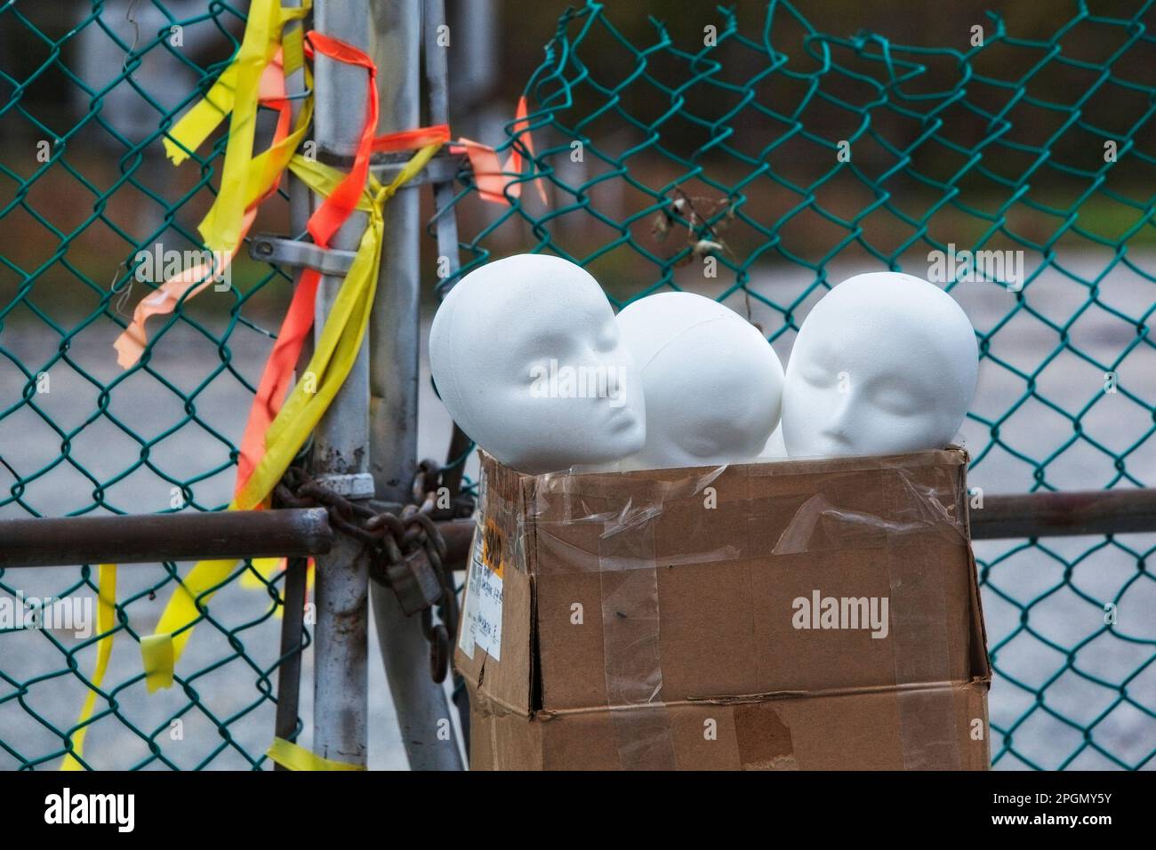 Surreal image of an abandoned box of mannequin heads outside and old ...