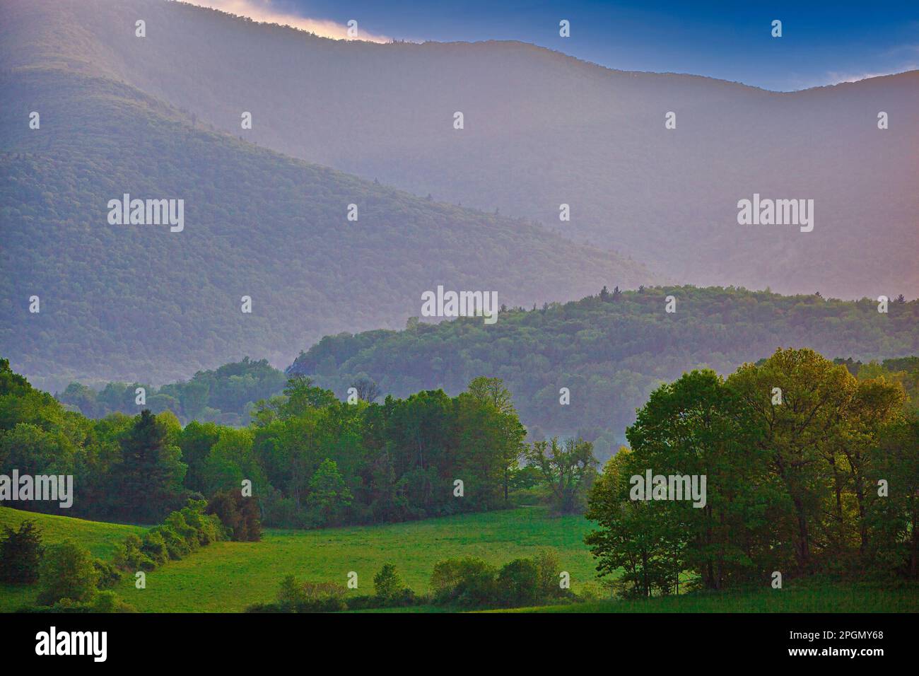 Fields and forest with misty mountains and Vermont landscape Stock ...