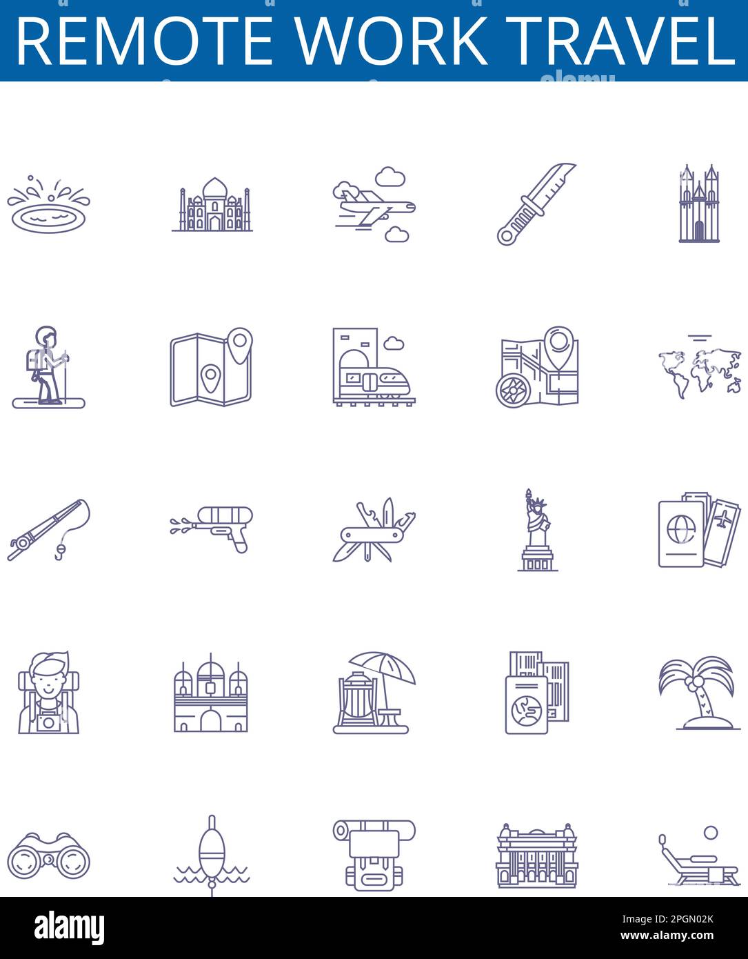 Remote work travel line icons signs set. Design collection of Remote, Work, Travel, Remote-Work ...